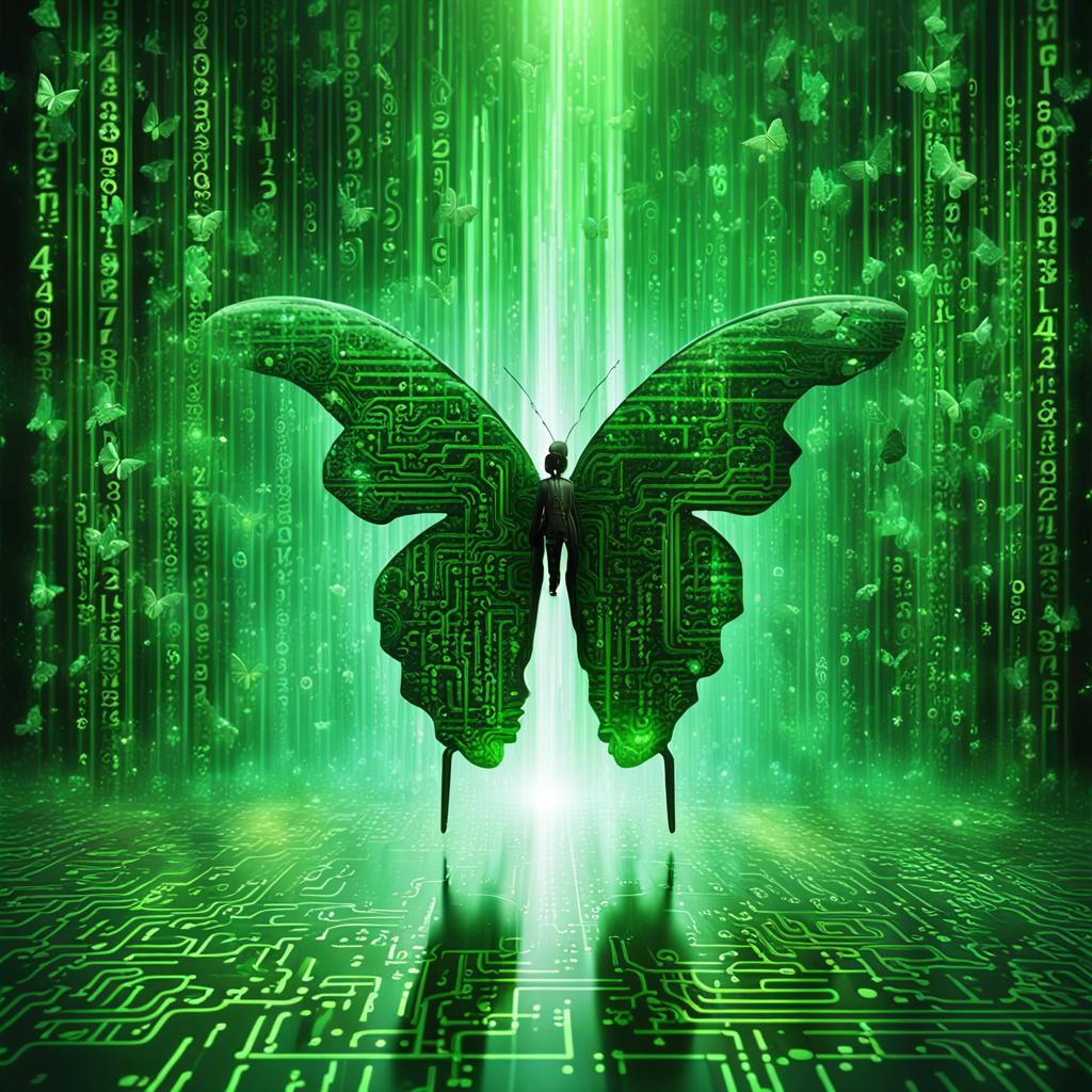 Android in Matrix Code with Butterflies, Digital A... - AI Art