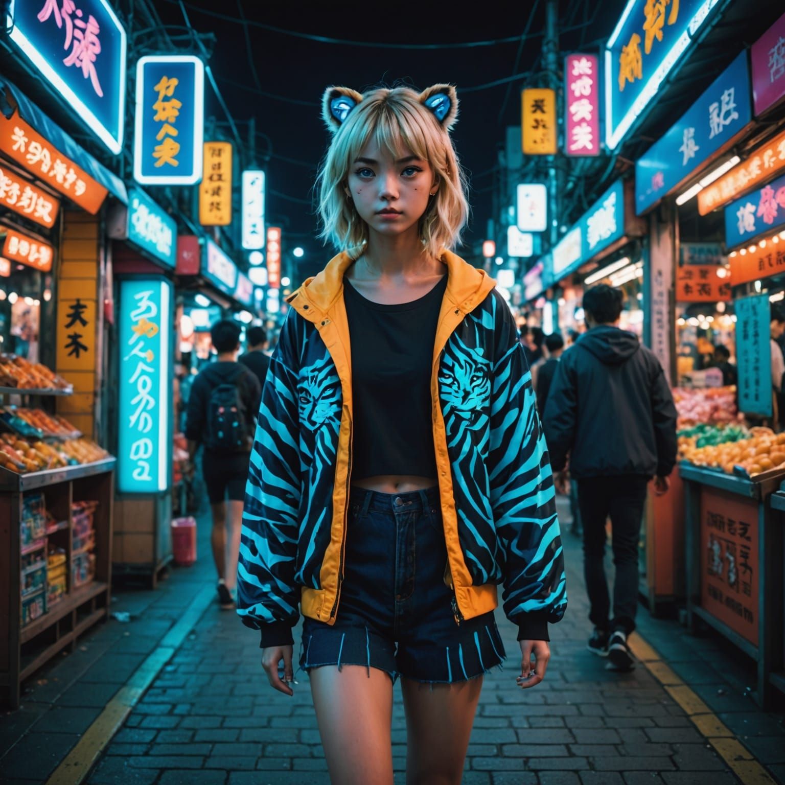 Anime Tiger Girl Strolls through Neon Night Market - AI Art