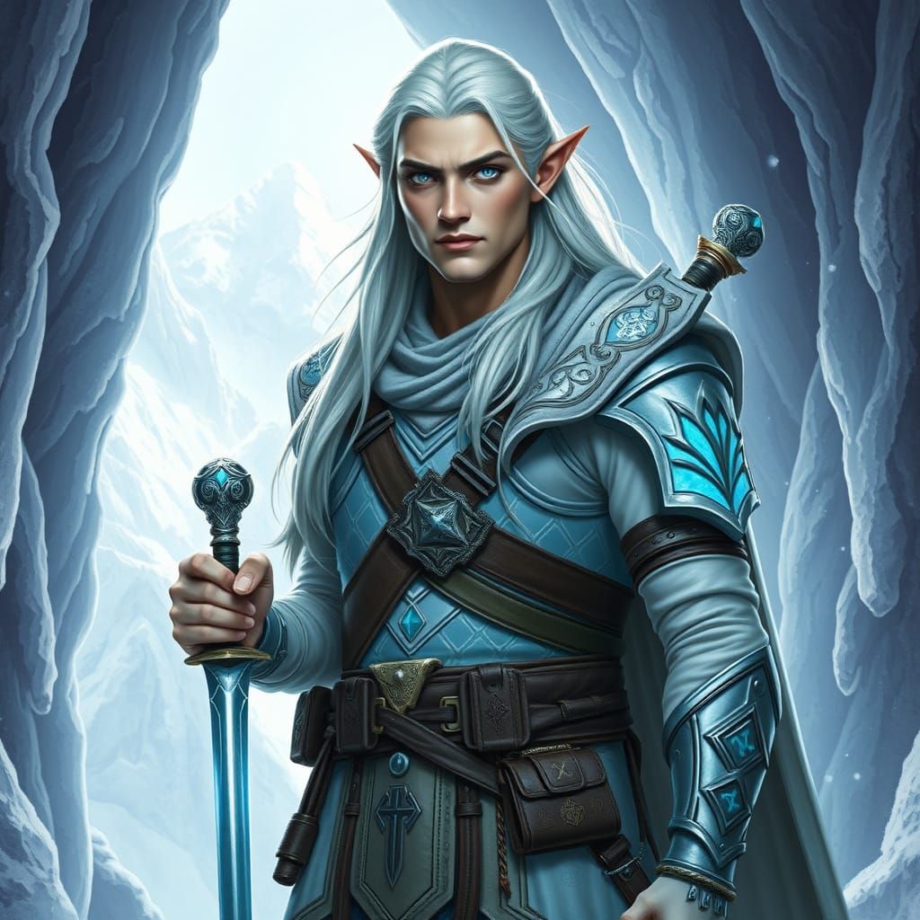 Ethereal Elf Warrior-Mage in Ancient Snowy Temple - AI Art