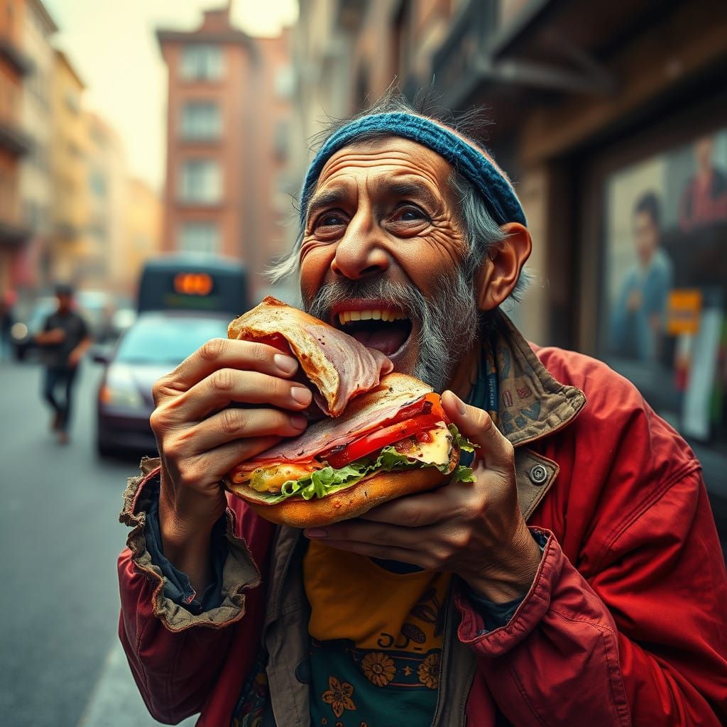 Surrealist Scene of Joyful Homeless Man in Whimsic... - AI Art