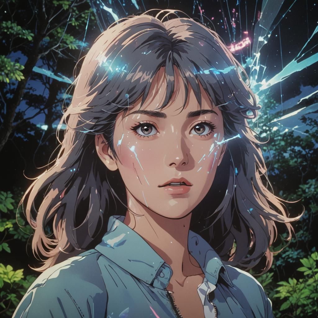 screenshot from an 80s anime episode, 1980s, woman standing in nature ...