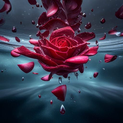 floating rose petals, shattered glass, blood droplets and frozen water ...