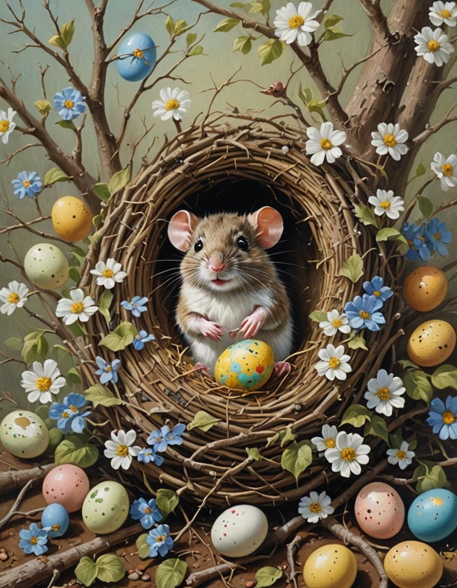 springtime cute mouse folk art rustic easter bird nest eggs traditional ...