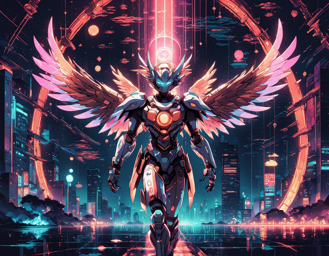 Makoto Shinkai-Inspired Mecha Angel Soars Over Fut... - AI Art