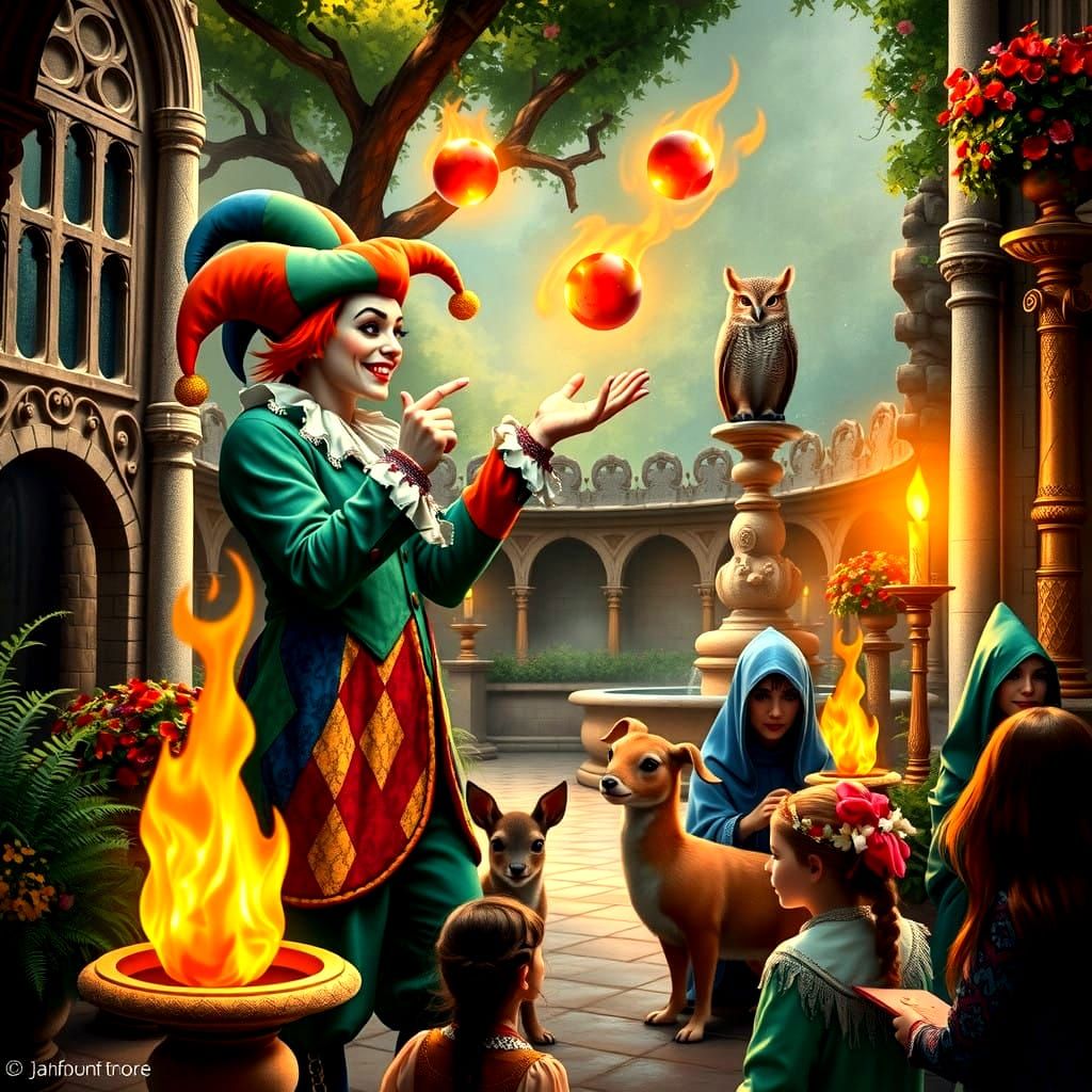 Jester Juggles Glowing Fire Orbs in Vibrant Mediev... - AI Art