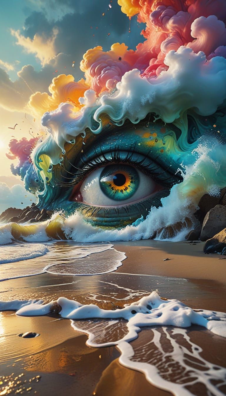 Surrealism. dripping paint. An eye in the clouds