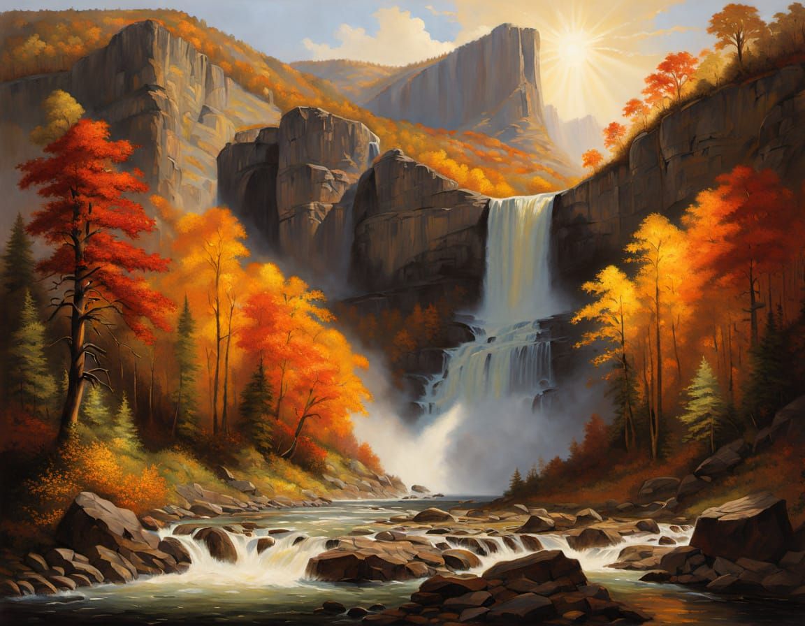 Autumn Waterfall - Surreal Autumn Waterfall in Hyper-Realist...
