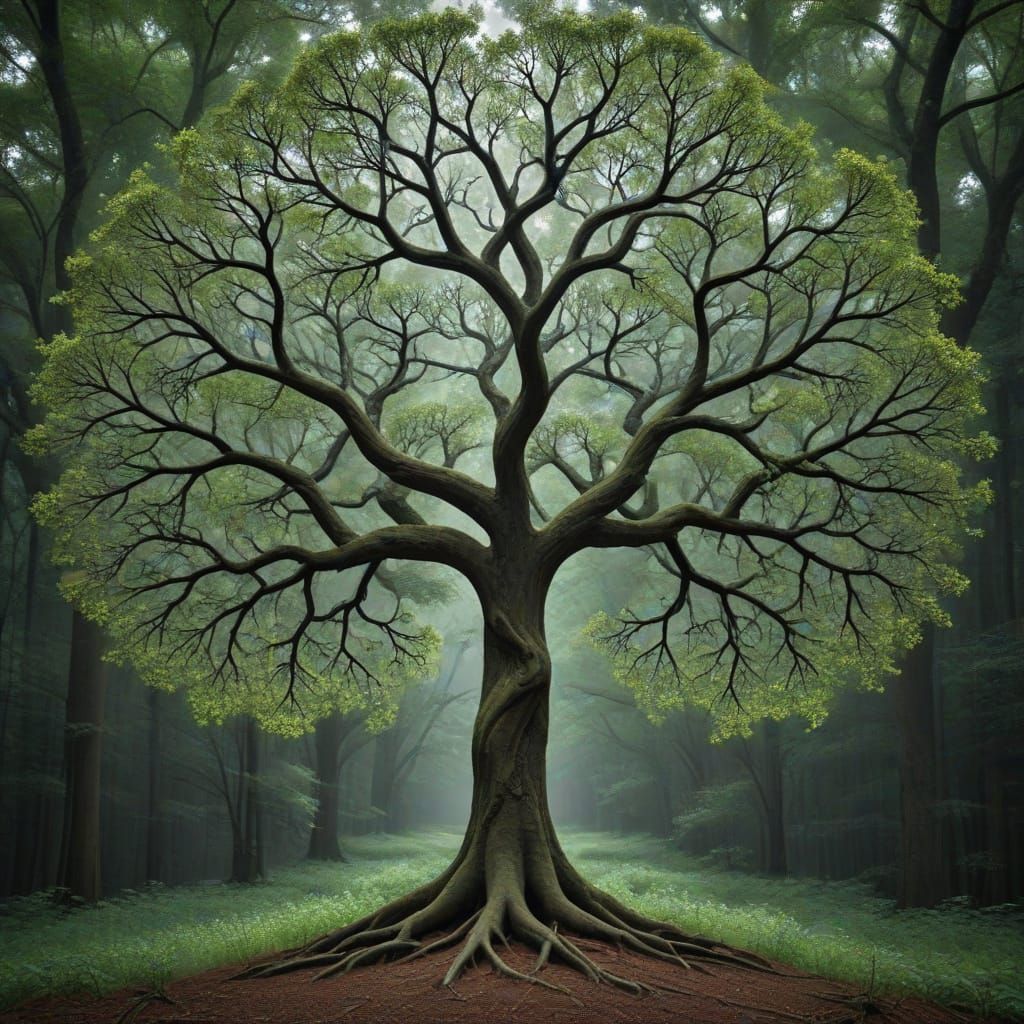 A perfectly symmetrical fractal tree where each branch splits into two ...