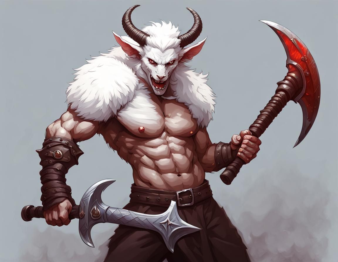 muscular white furred Tiefling wielding battle axe. - AI Generated Artwork - NightCafe Creator