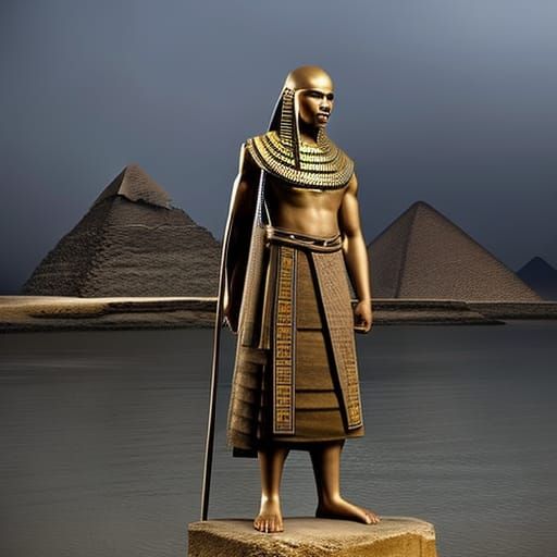 An ancient Egyptian man, with a stocky back, clean-shaven without hair ...