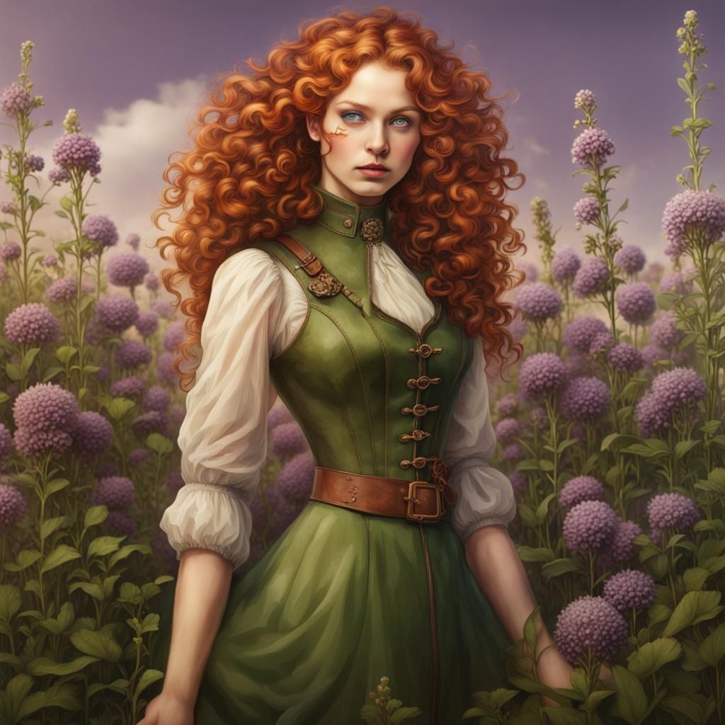 Young woman with copper curly hair, violet eyes, pail skin, round face ...