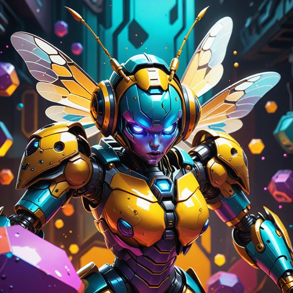 Psychedelic Mecha Queen Bee in Industrial Cyberpun... - AI Art