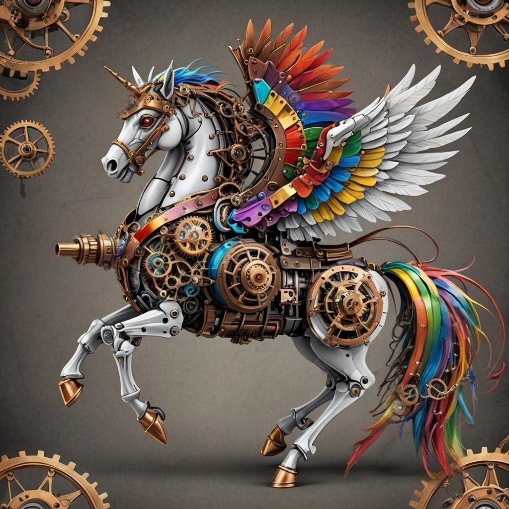 Mechanical rainbow pegasus - AI Generated Artwork - NightCafe Creator