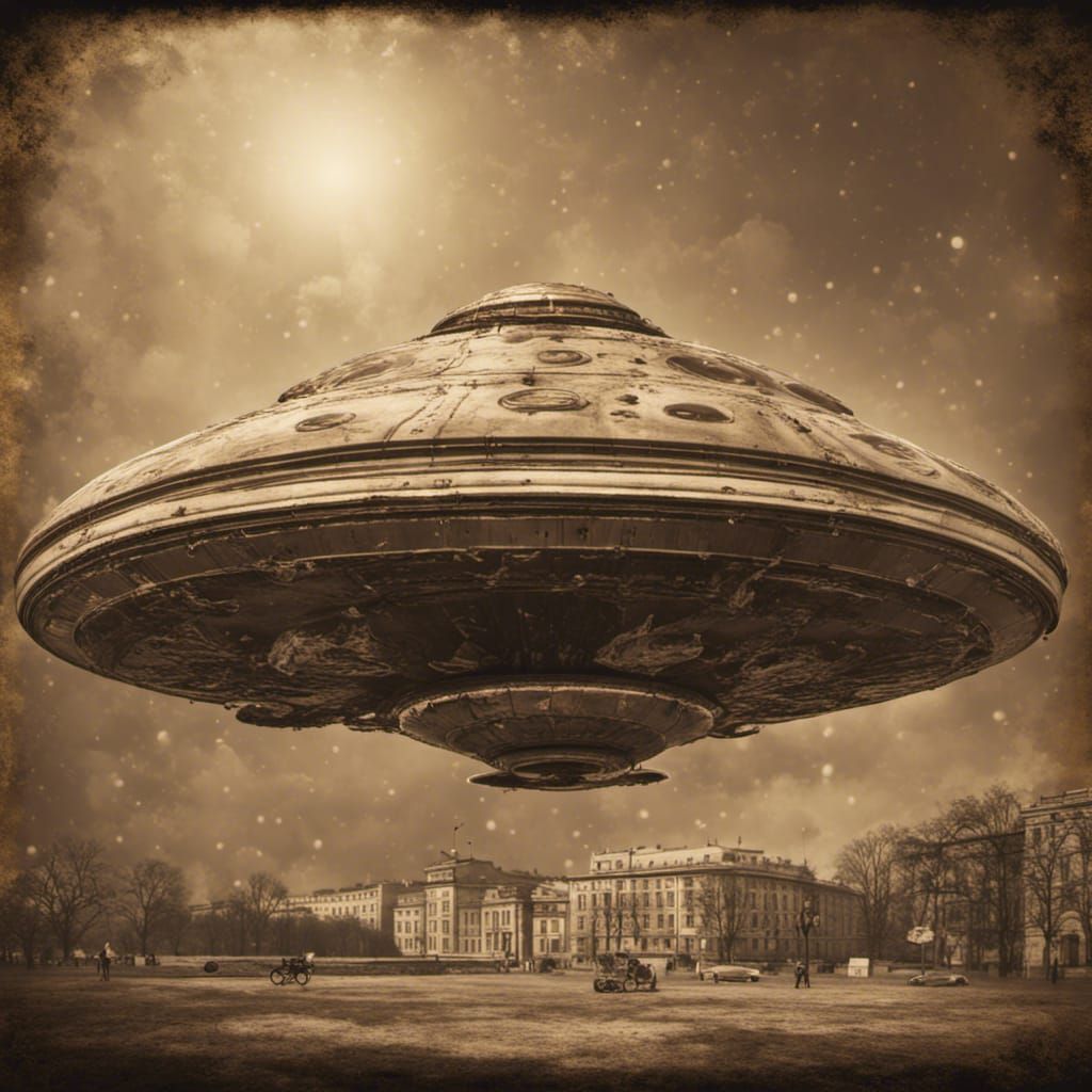 sepia daguerreotype showing a UFO landing in a Berlin Hyperrealistic ...