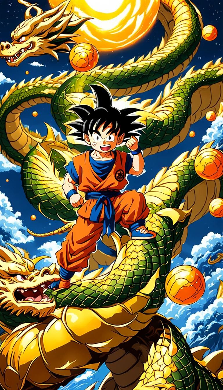 Little Goku riding on the magic dragon Shenglong and there are the ...