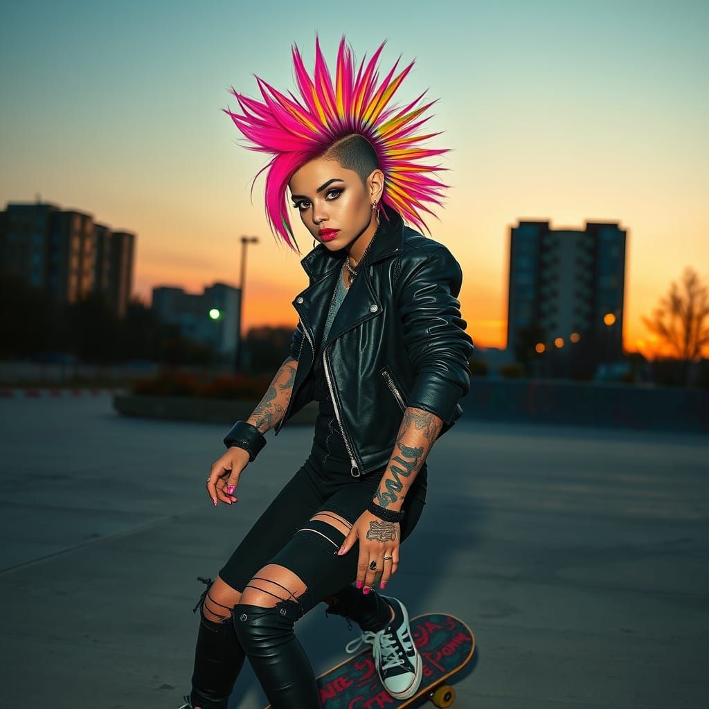 Gritty Punk Skater Girl in Urban Skatepark Dusk - AI Art