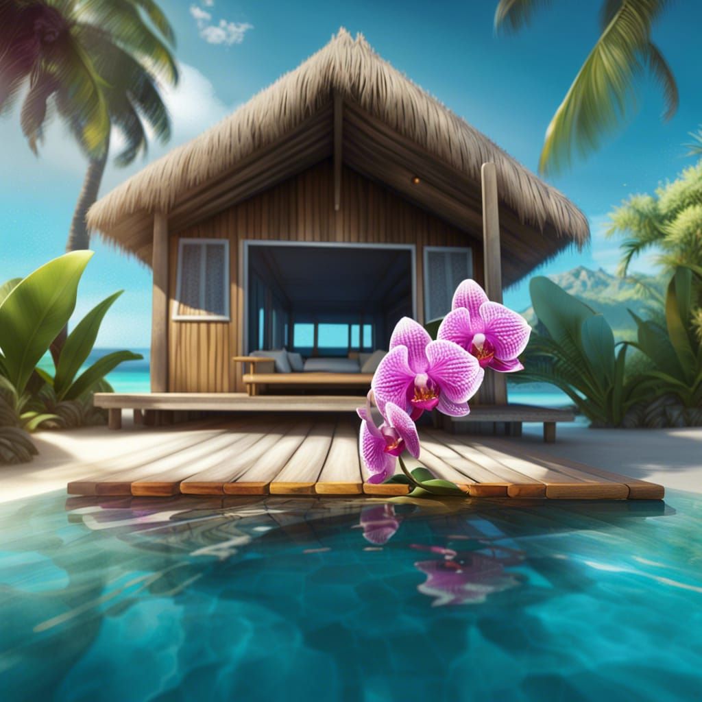 french polynesia cottage in the ocean, midday, orchids, lounge chair, long boardwalk, - AI ...