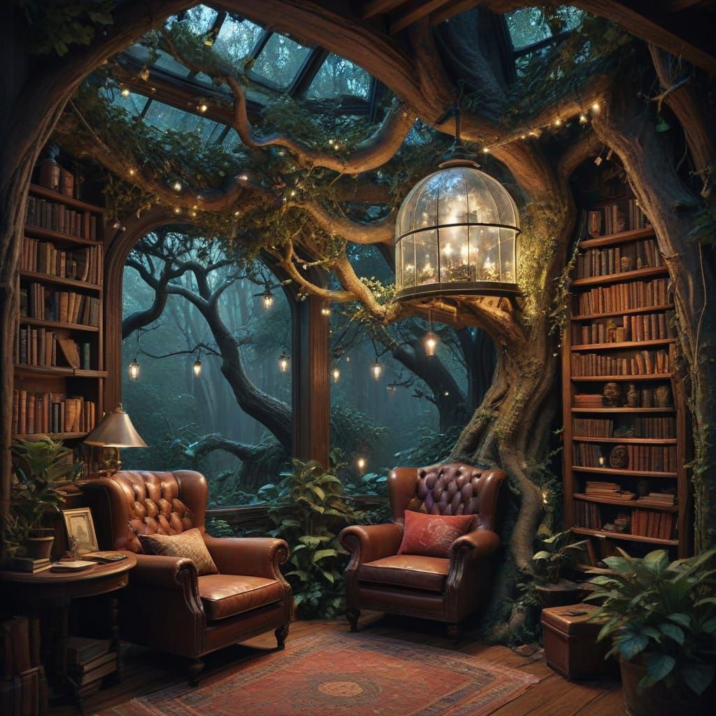 Cozy library. - Miniature Tree House Library in Whimsical St...