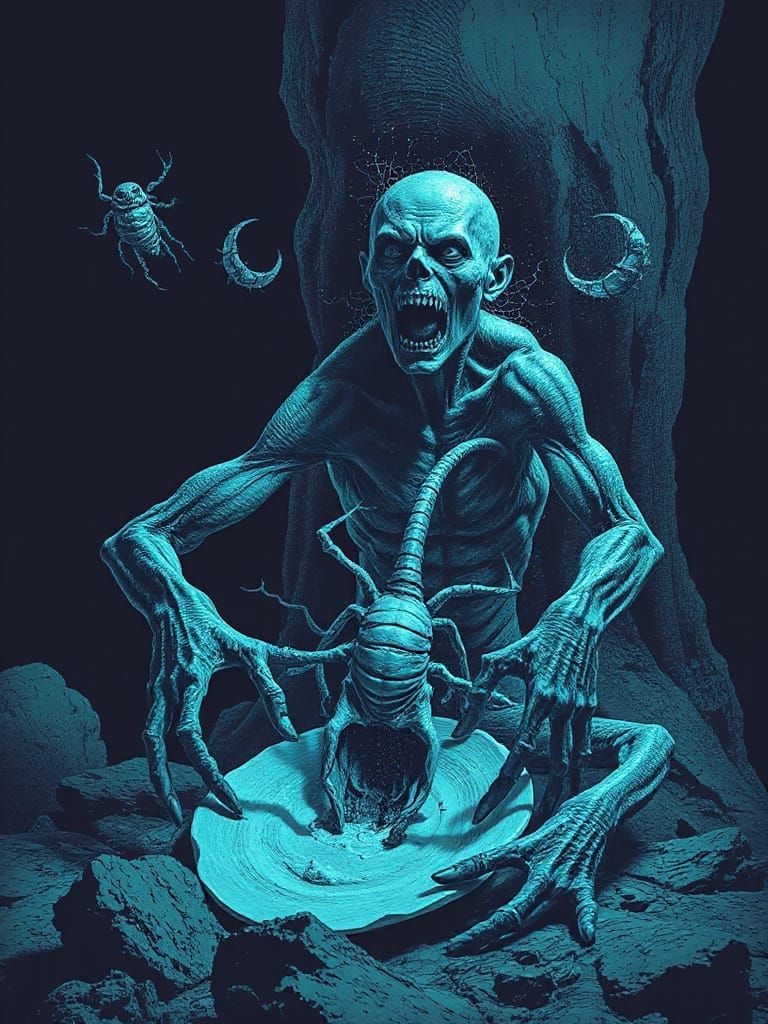 Woodcut+Stipple Surrealism: (Menacing) skin light+wine aqua color ...