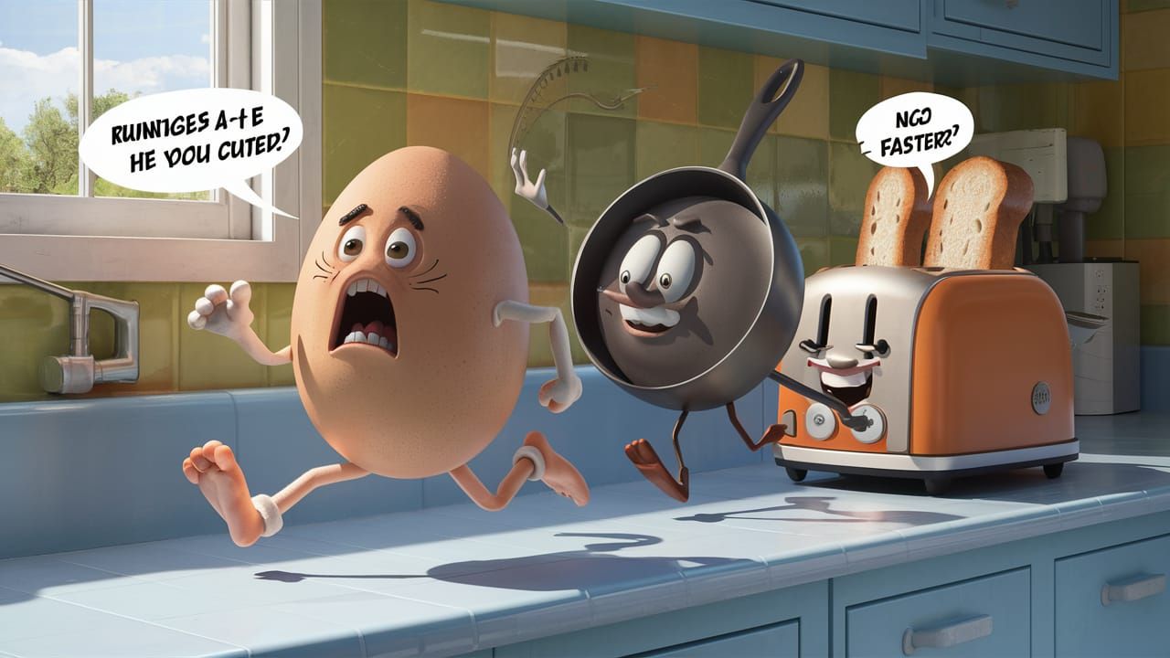 A cartoon egg running as fast as he can, the egg has a fearful cute ...