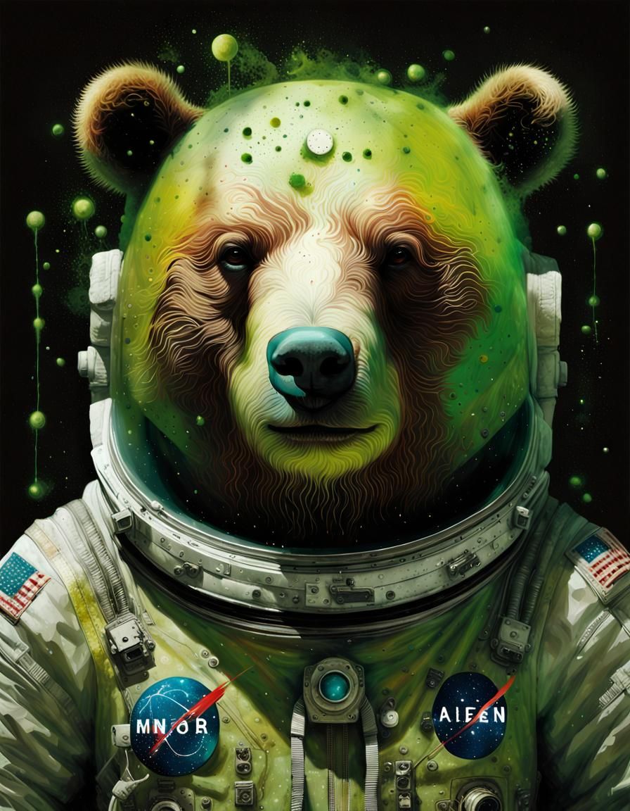 "Astronaut obese Bear alien with intense glowing bioluminescent green ...