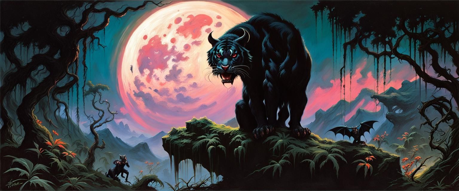 bats, style of Frank Frazetta by Boris Vallejo, jungle moonrise, huge ...