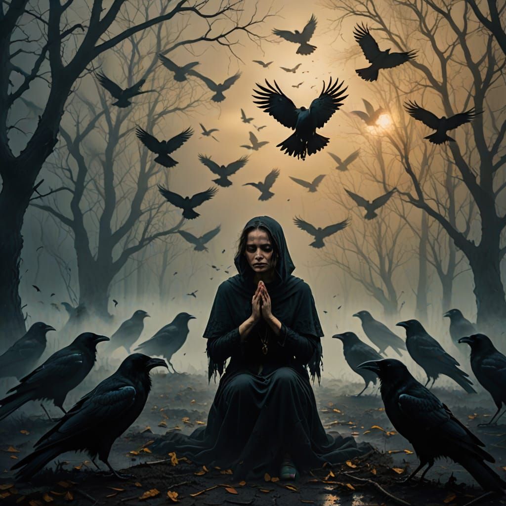 Eerie Crows Surround Crying Figure in Fog - AI Art