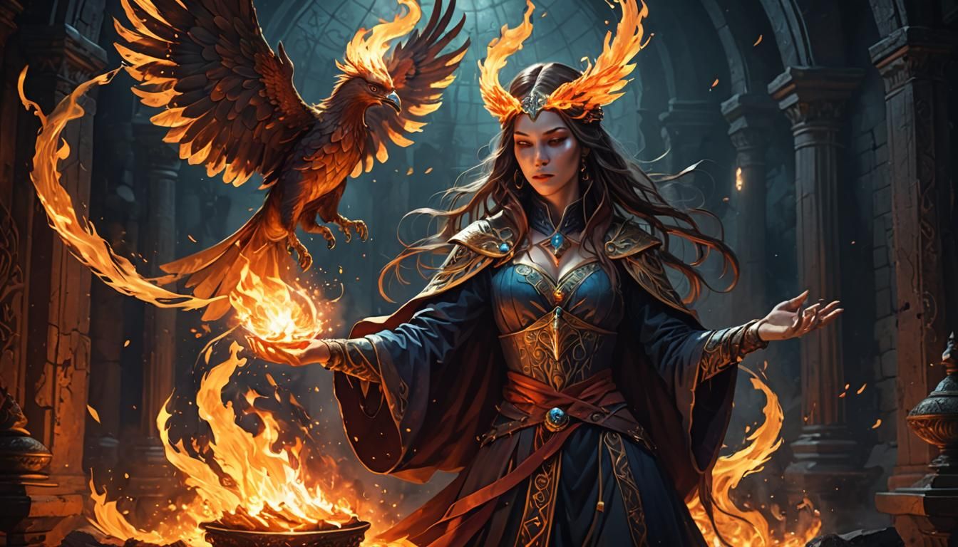 A sorceress conjuring ritual in a moonlit chamber, by burning the ashes ...