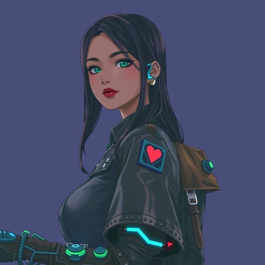 Cyberpunk Chick in Leather Jacket with Red Hart - AI Art