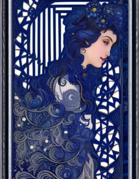 dark blue zentangle cute smiling witch :: head and shoulders portrait ...