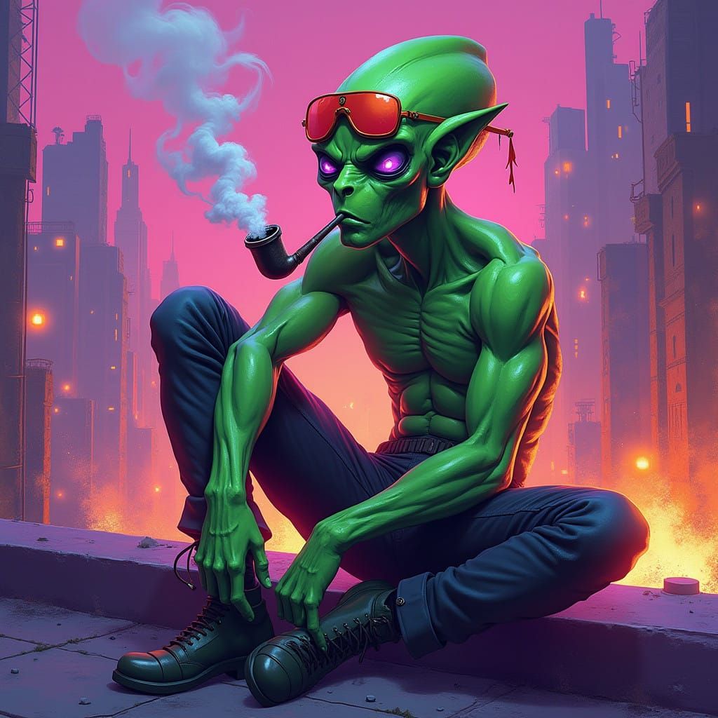 Cyberpunk Martian Smokes Pipe Amidst Urban Citysca... - AI Art