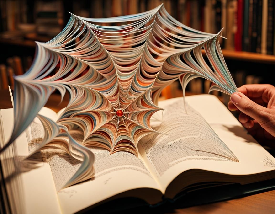 open book with a glass crystal spider web growing in the pages and ...