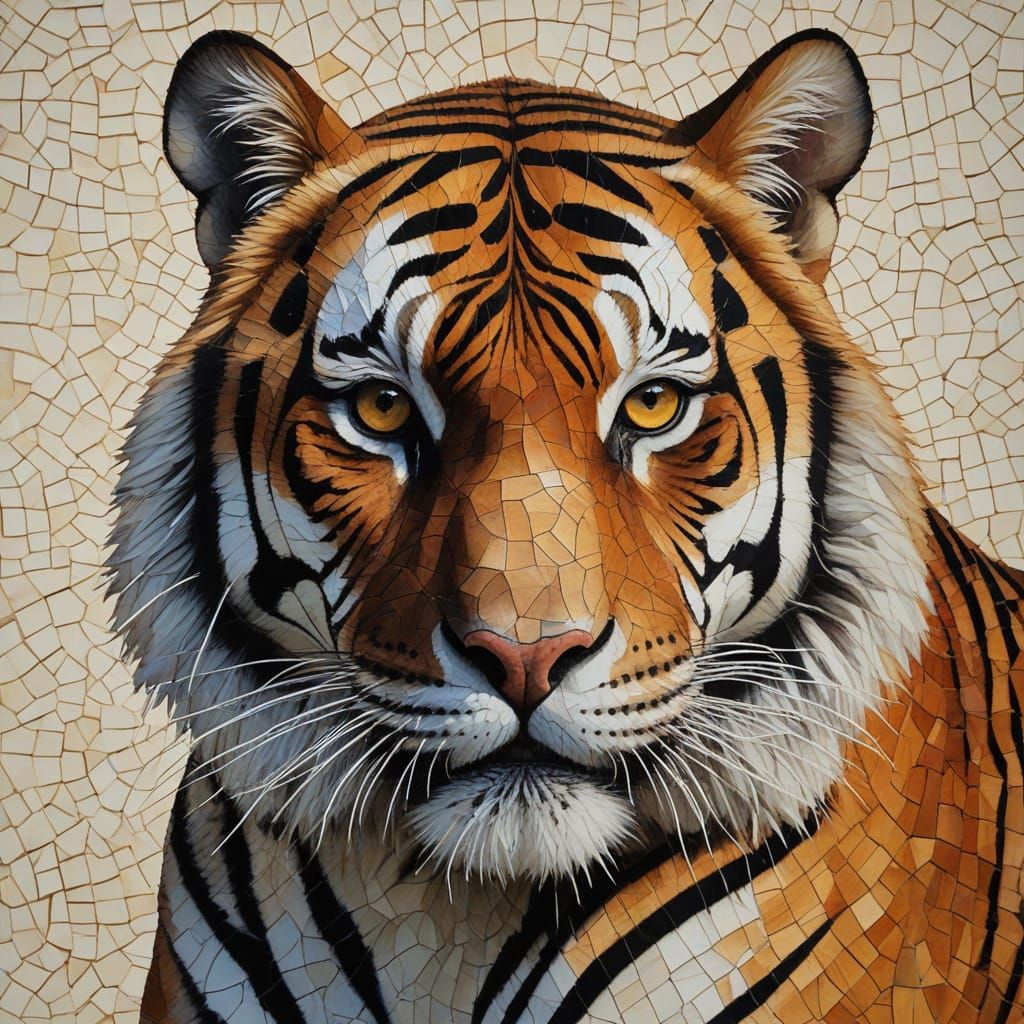 Realistic oil painting. A wall mosaic depicting a tiger. The mosaic ...