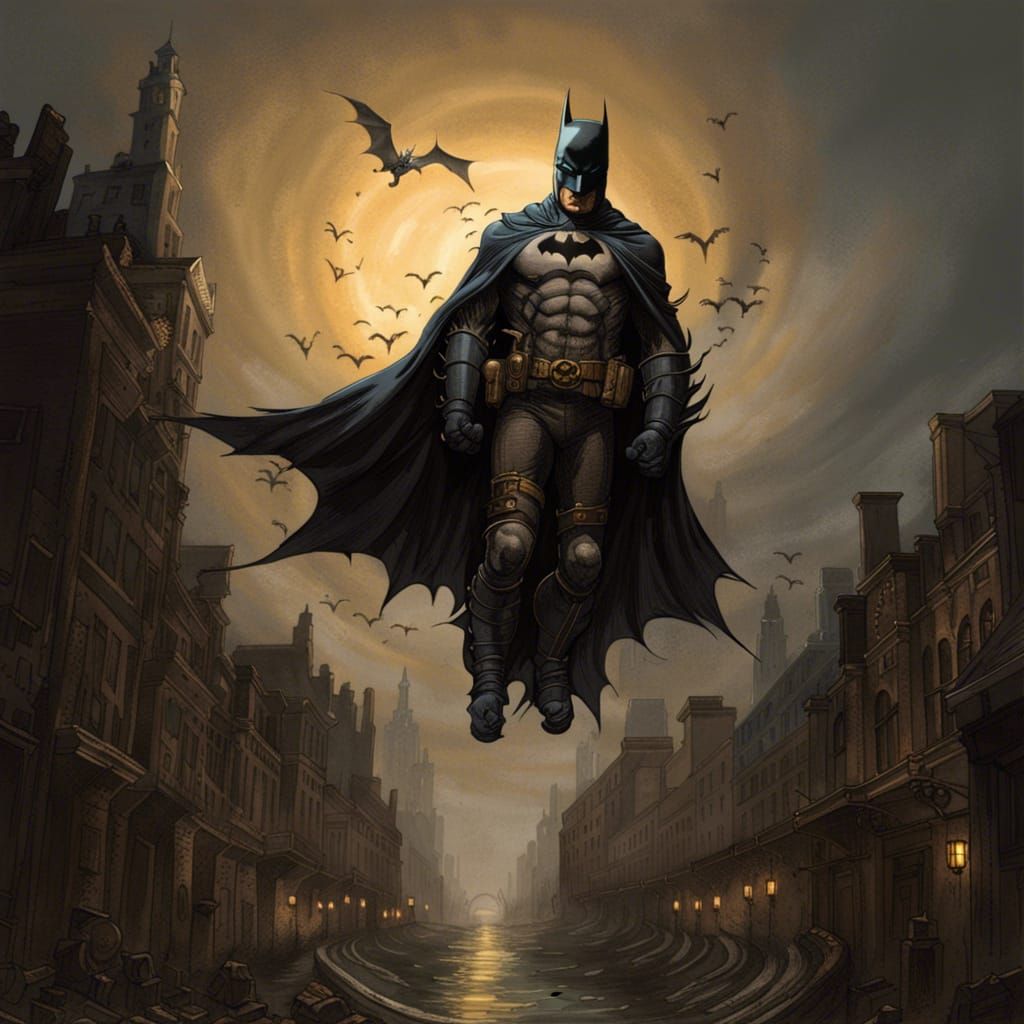 Batman It flies, its symbol burns in the sky, a gloomy city around - AI ...