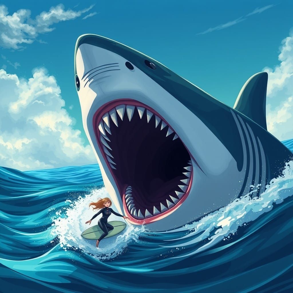 Giant Great White Shark Emerges from the Sea in An... - AI Art
