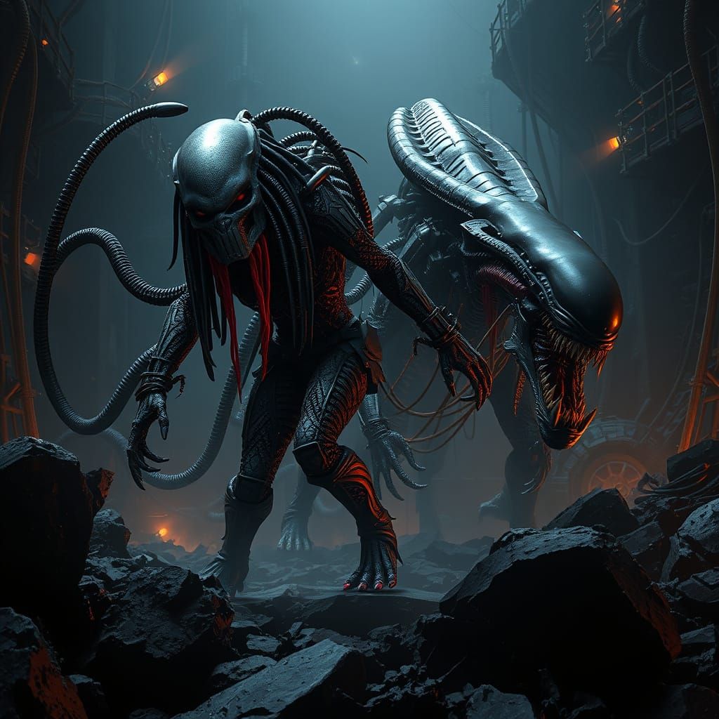 Cyberpunk Horror: Predator Hunts Xenomorph in Dark... - AI Art