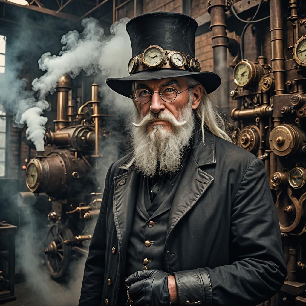 Steampunk old male with black jacket and long white beard, full body ...