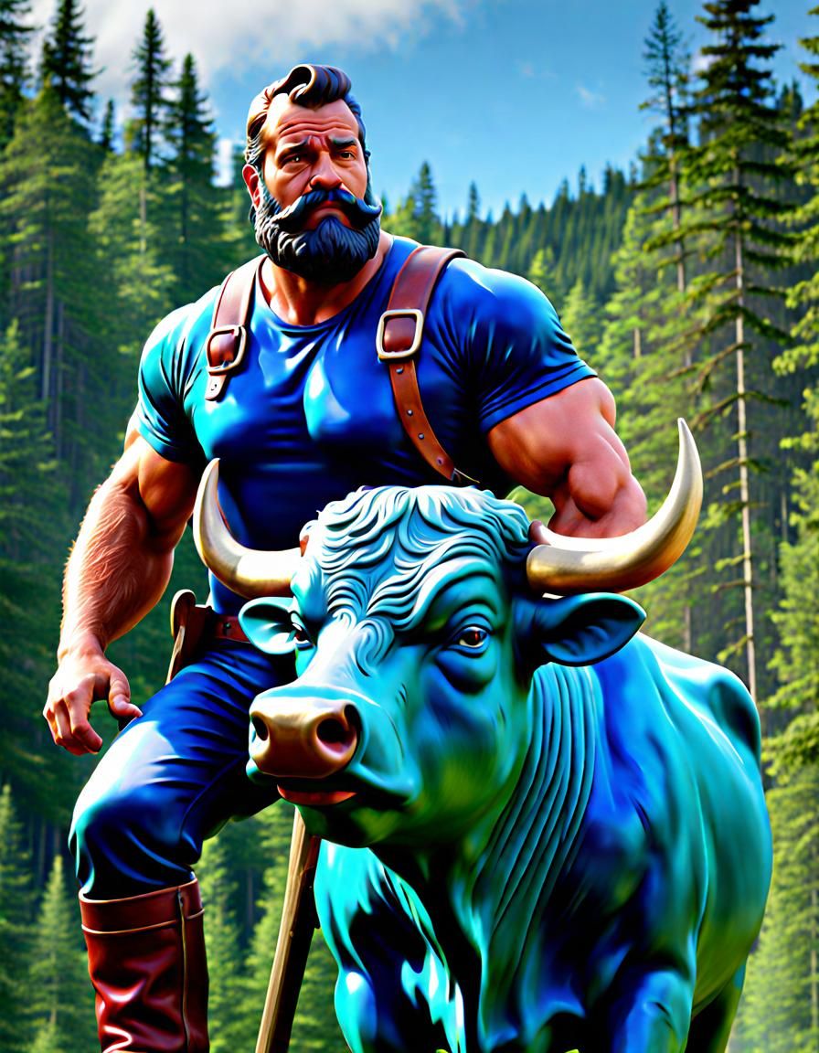 3D: intricate Paul Bunyan and Babe the blue ox towering above forest ...