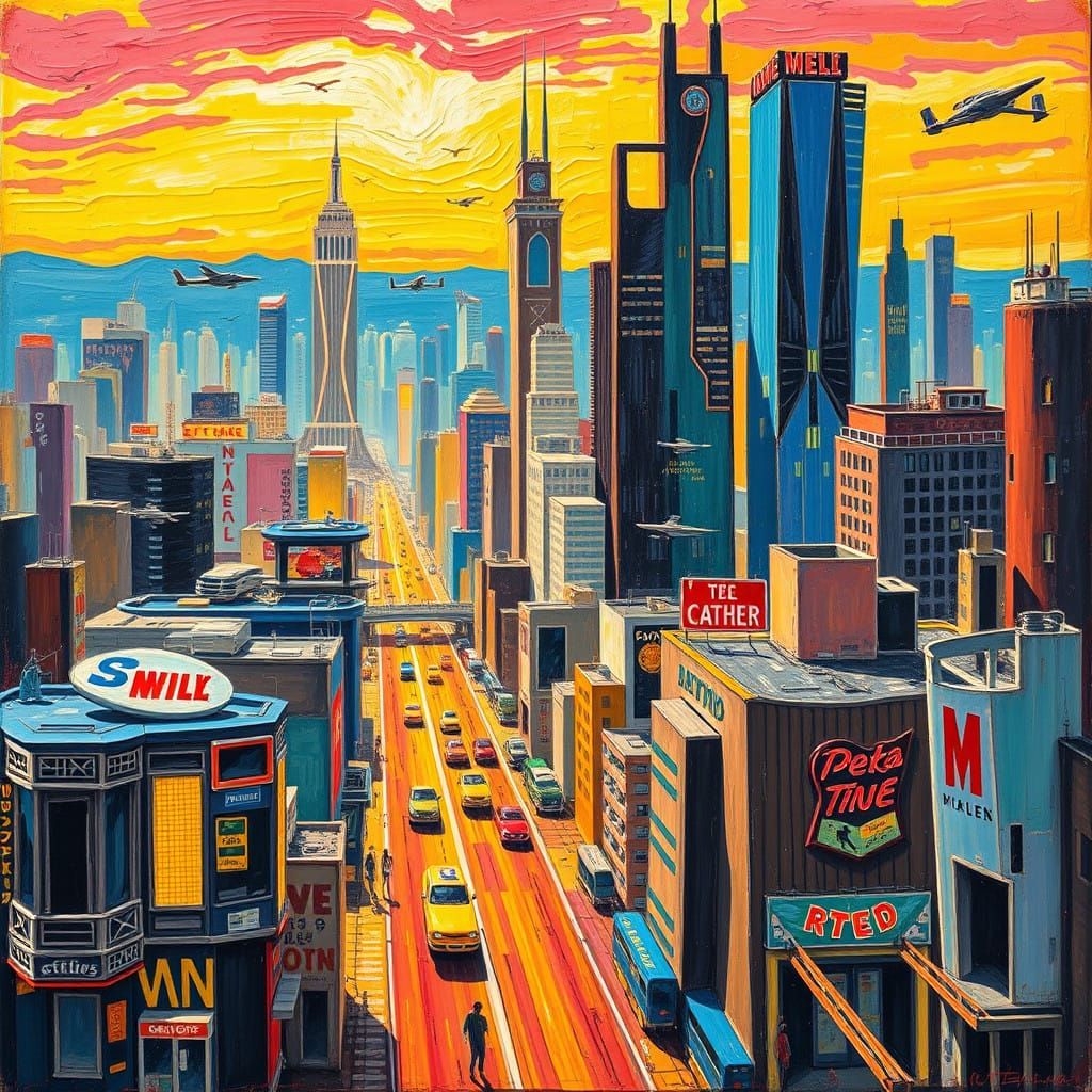Retro-Futuristic Metropolis in Vibrant Neo-Express... - AI Art