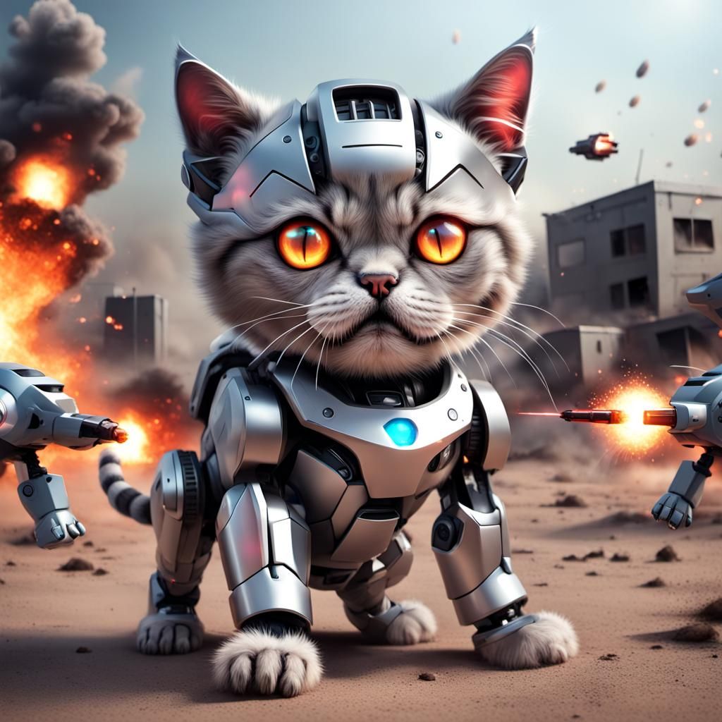 Angry robot cat fires lazer, background puppies, explosions - AI ...