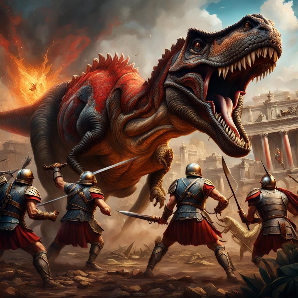 painting of roman soldiers fighting a t rex - AI Generated Artwork ...