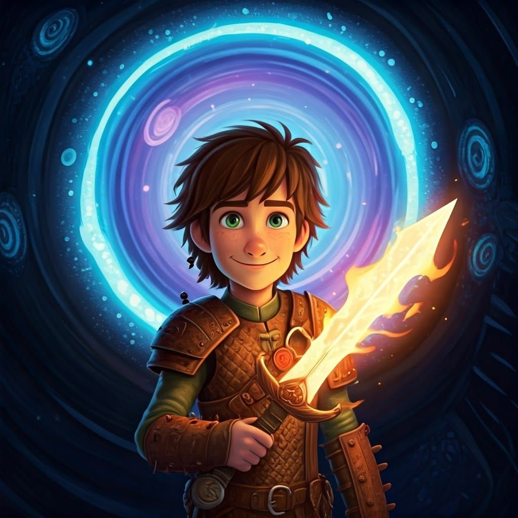 Charming Hiccup Haddock with Fire Blade in Whimsic... - AI Art