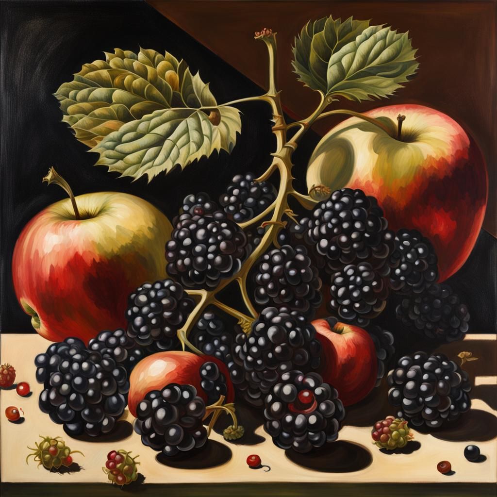 Style of Stanley Spencer, still life with blackberries and apples - AI ...