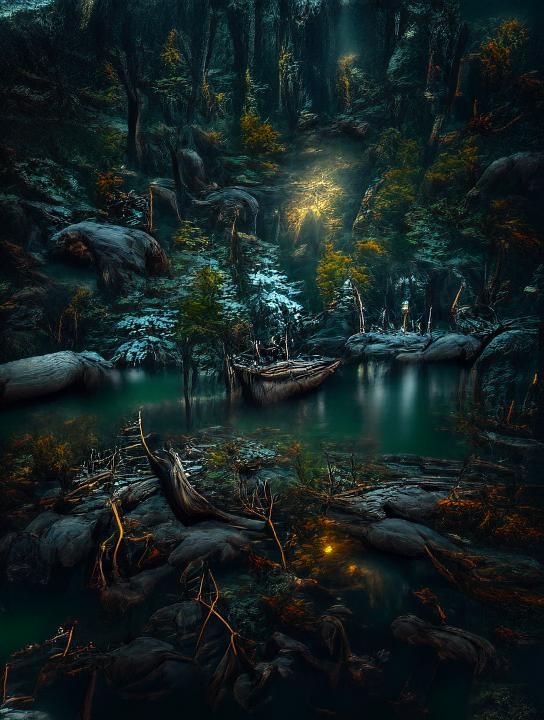 Deep dark forest on the shore of a lake beautifully lit Ferdinand Knab ...