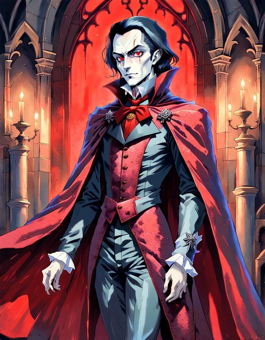 Dracula, gothic red Victorian, highly aristocratic outfit, with a half ...