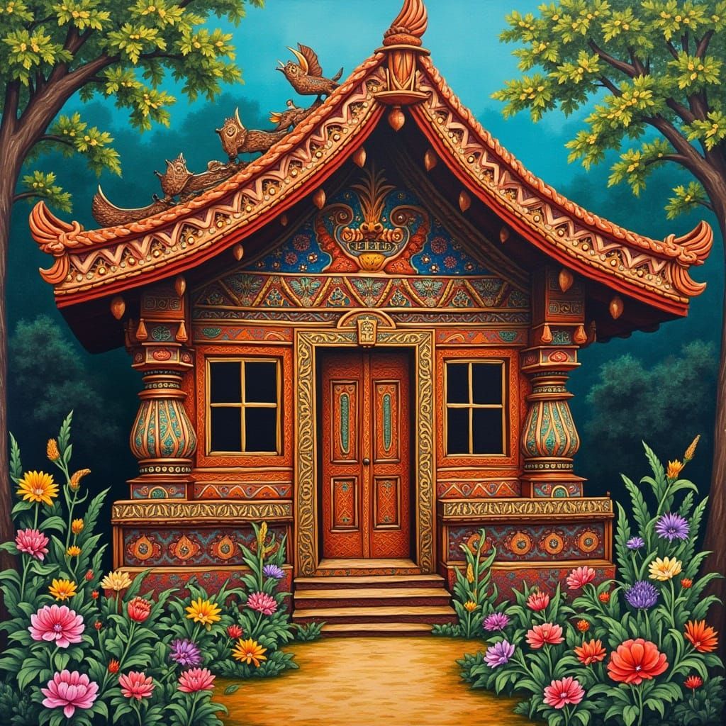 morung - Traditional Naga Morung in Vibrant Folk Art Style