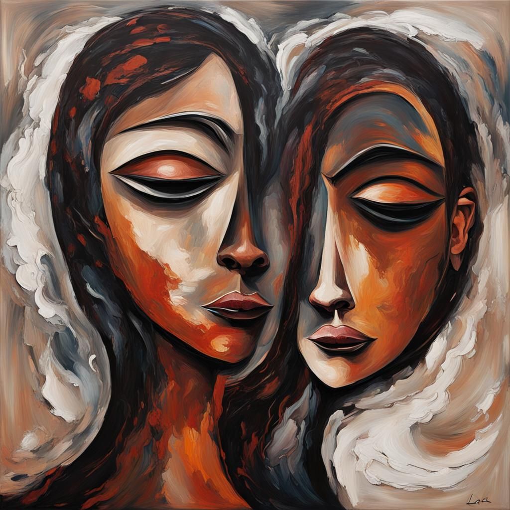 An abstract portrait painting that merges two faces into one image. The ...