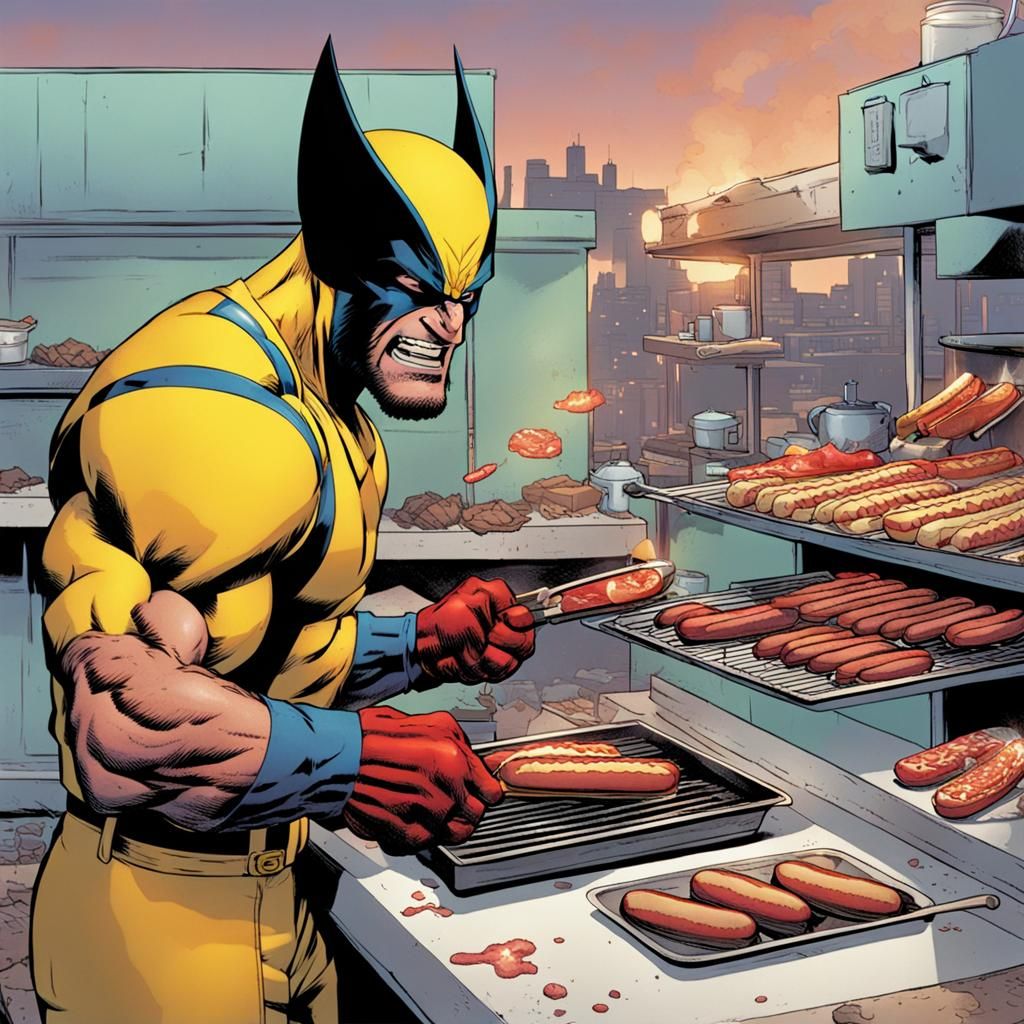 Wolverine from the X-men cooking hot dogs outside - AI Generated ...
