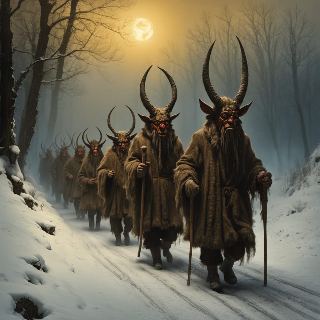Medieval Alpine Village Scenes of Krampus Parade i... - AI Art