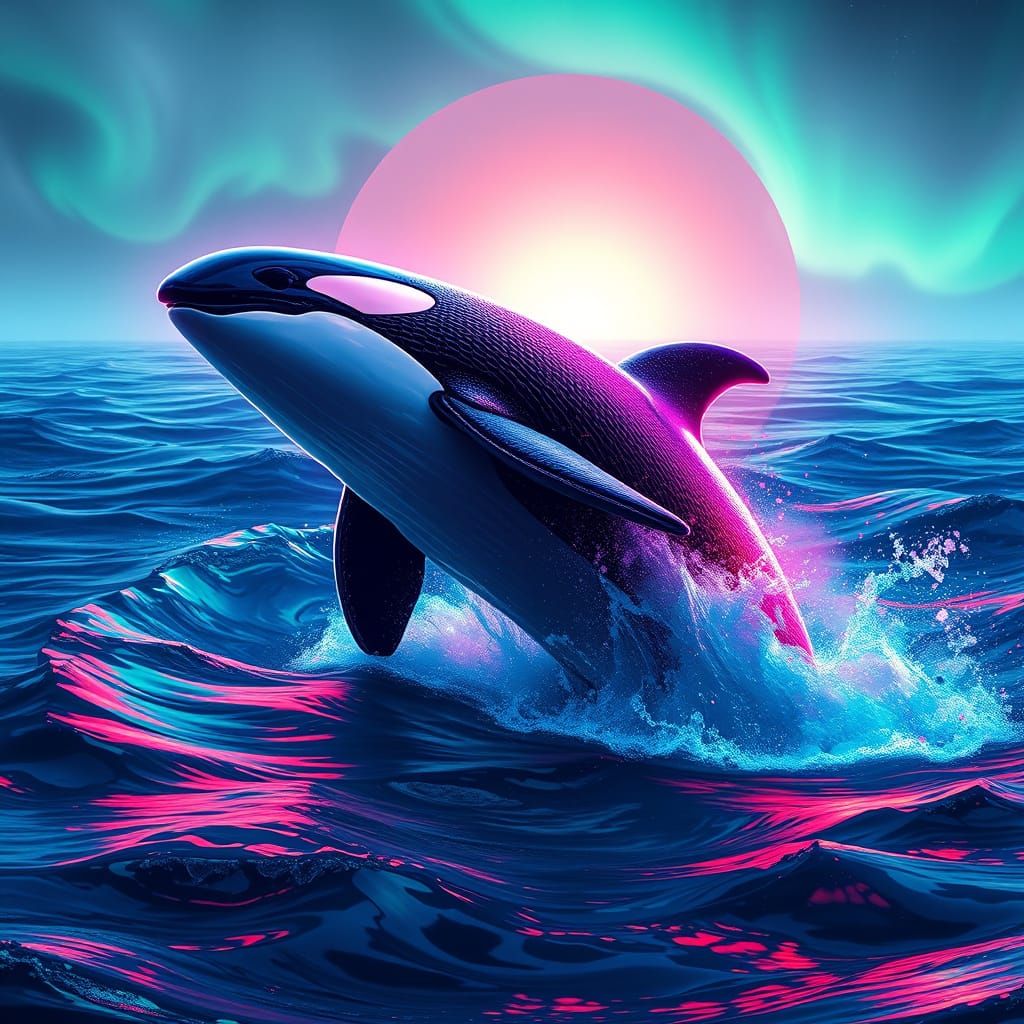 Neon orca whale - Mystical Neon Orca Whale in Ethereal Ocea...